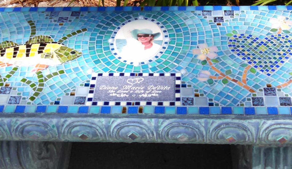 Mosaic Memorial Portrait Tile Benches - Water's End Studio